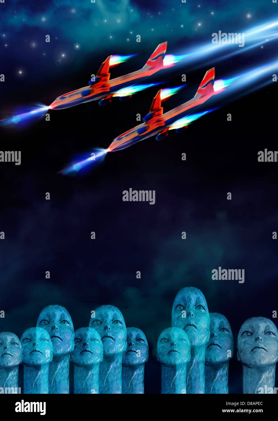crowd of aliens looking up at fighter planes in night sky Stock Photo ...