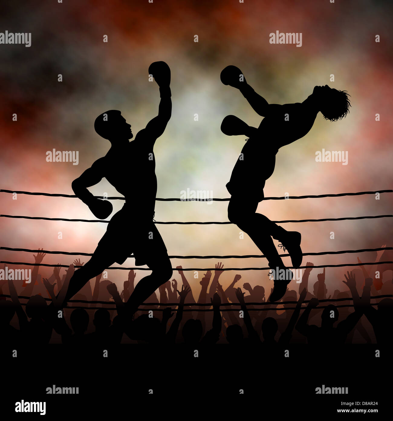 Illustrated silhouette of a boxer knocking out his opponent with an ...