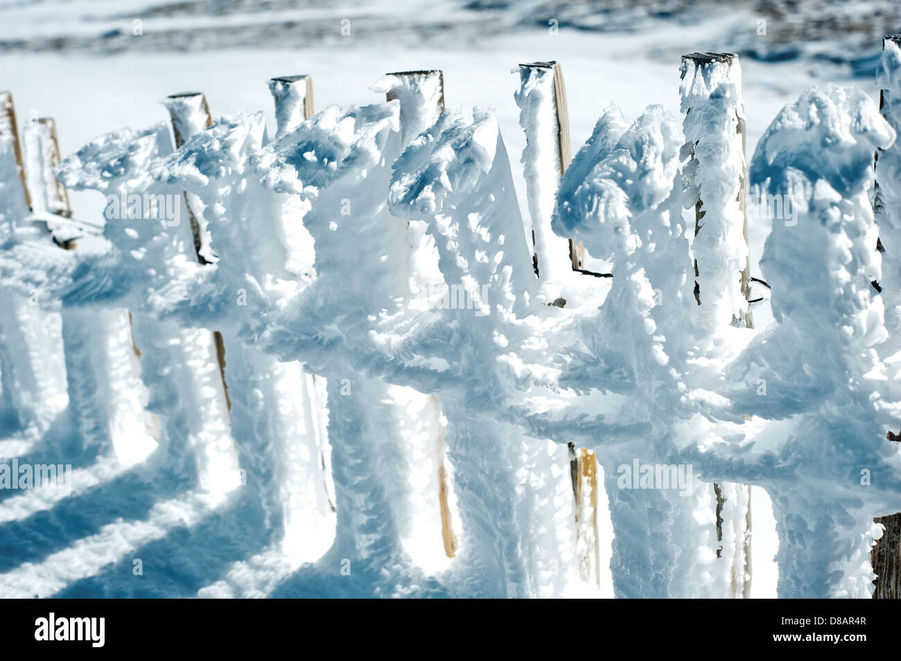 Fence in snow with wind sculptured ice patterns Stock Photo - Alamy