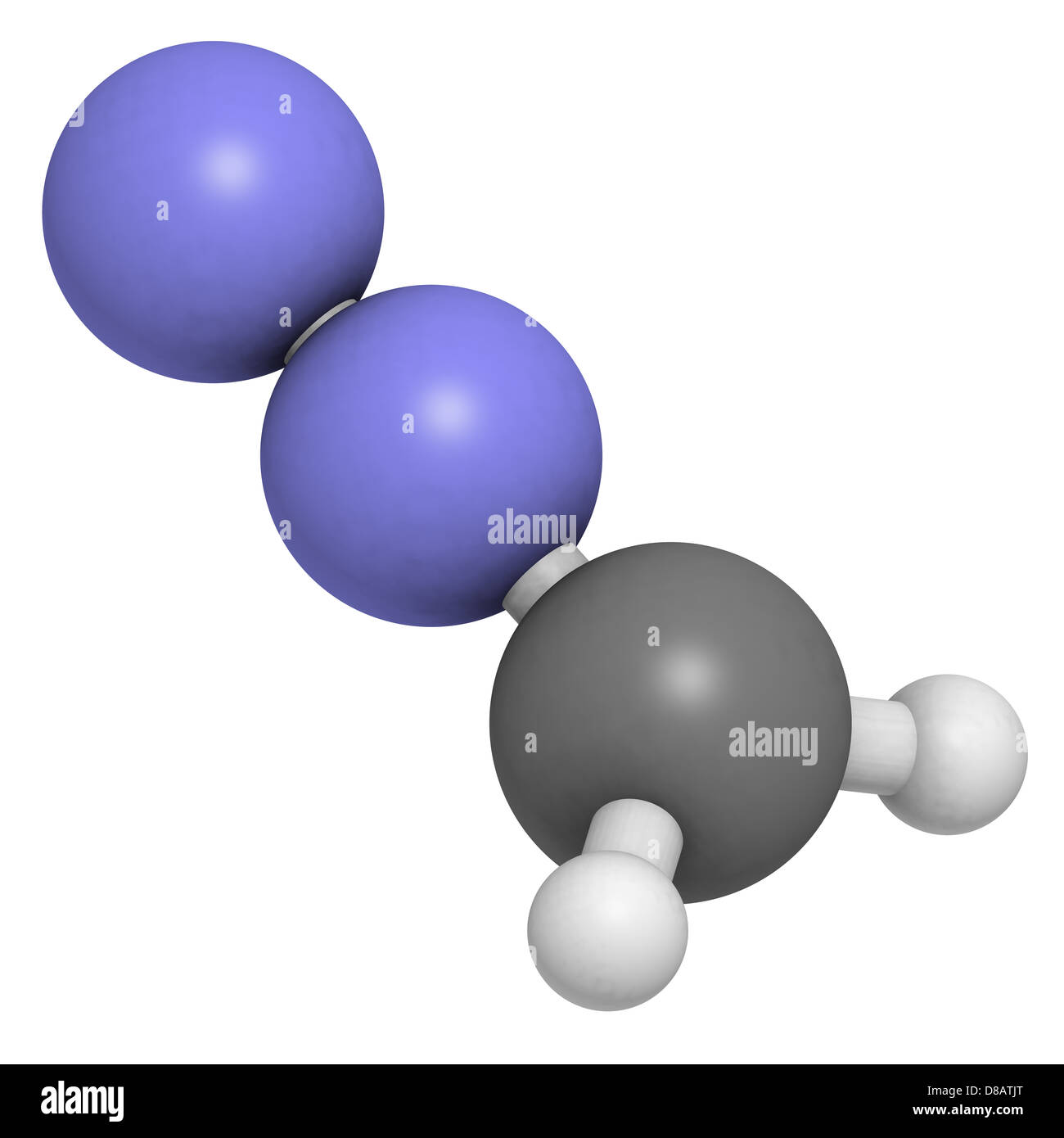 Diazomethane (CH2N2) explosive chemical, molecular model. Atoms are ...