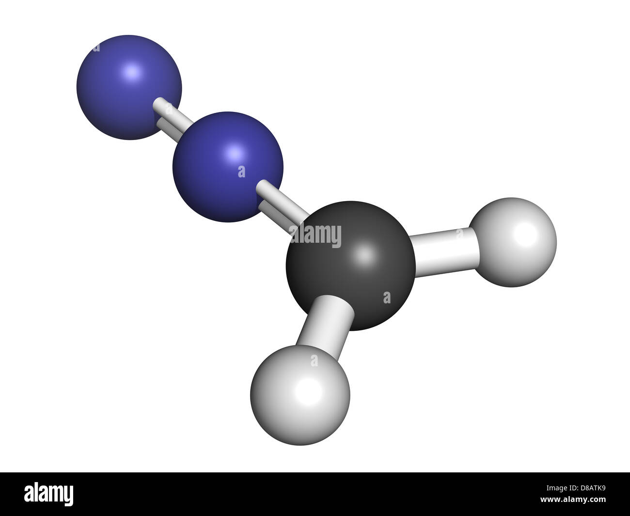 Diazomethane (CH2N2) explosive chemical, molecular model. Atoms are ...