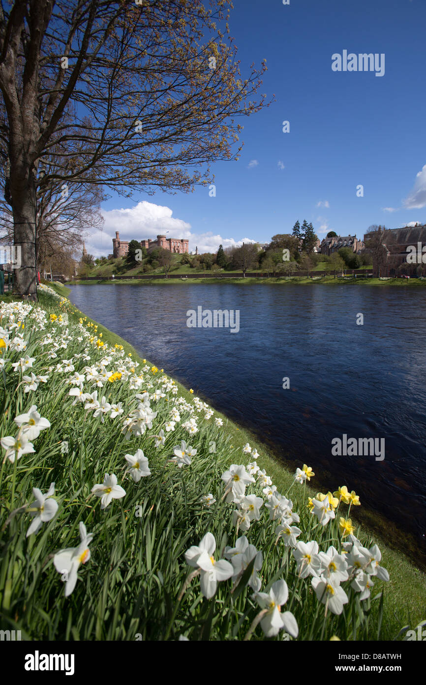 City of Inverness, Scotland. Spring view of the River Ness waterfront ...