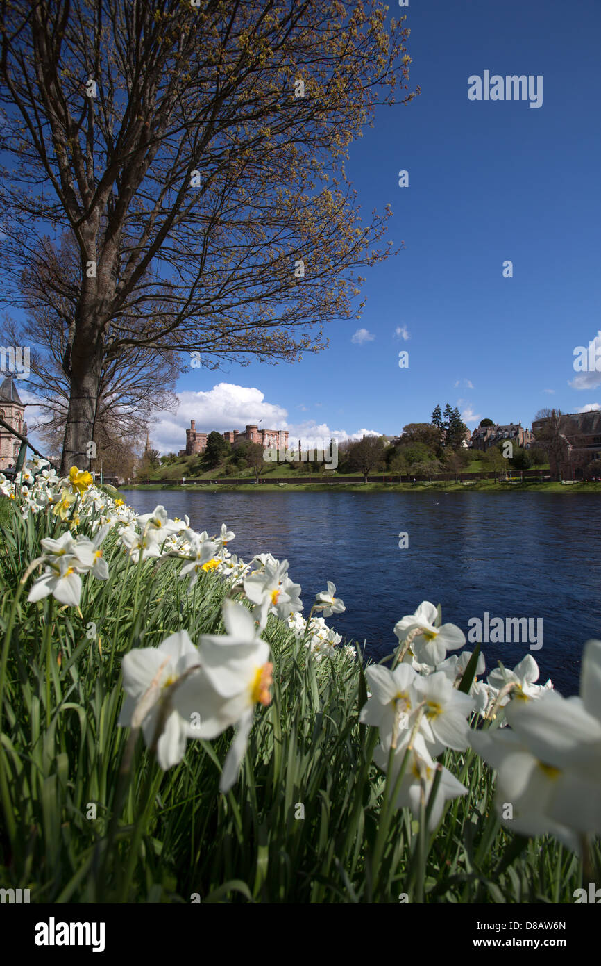 City of Inverness, Scotland. Spring view of the River Ness waterfront ...