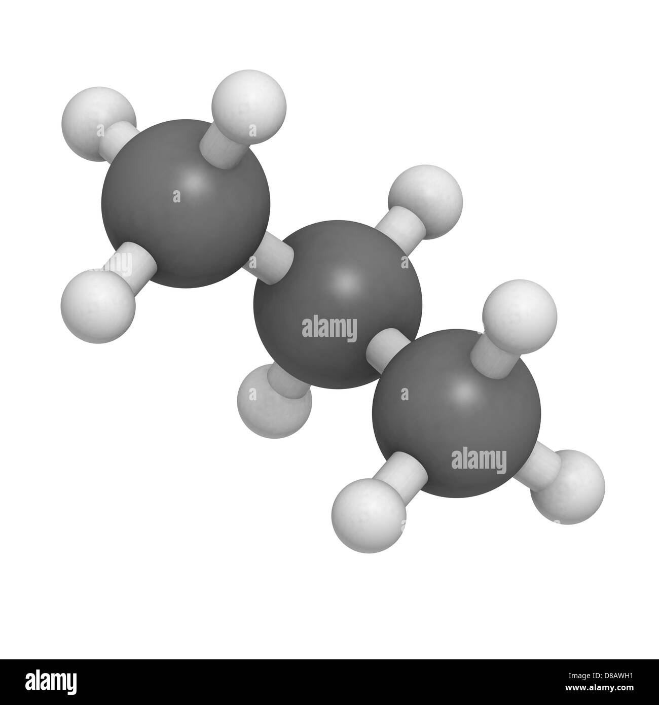 Propane fuel molecule, molecular model. Atoms are represented as ...