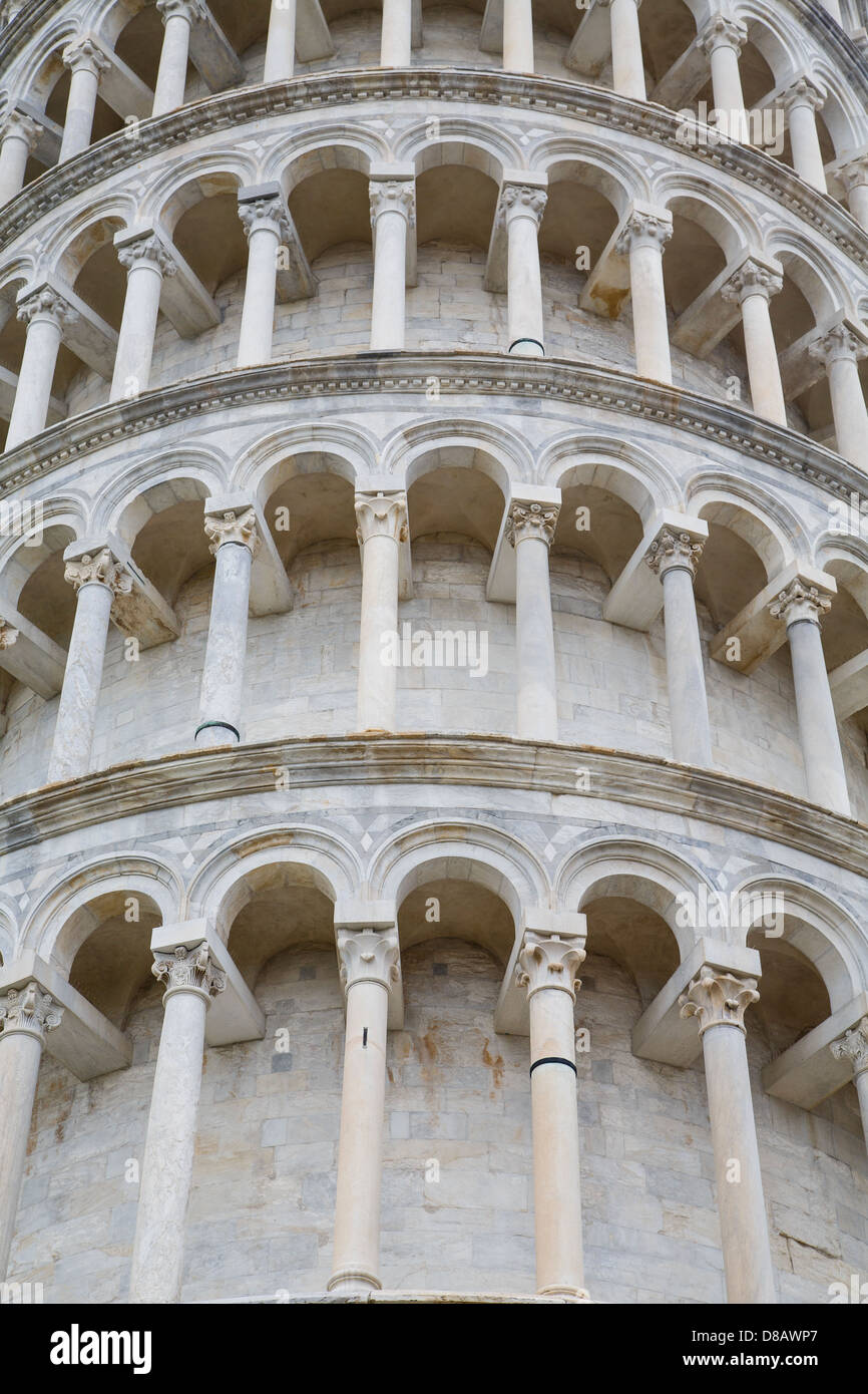 Closeup of columns and arches in The Leaning Tower in Pisa, Italy Stock ...