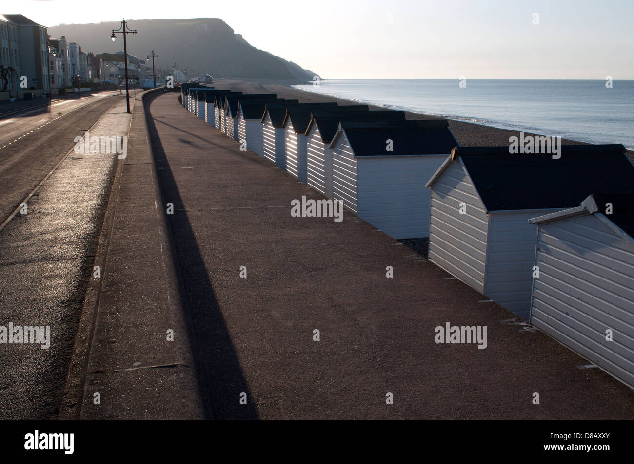 Seaton beach and beach huts, early morning, Devon, England, UK Stock ...
