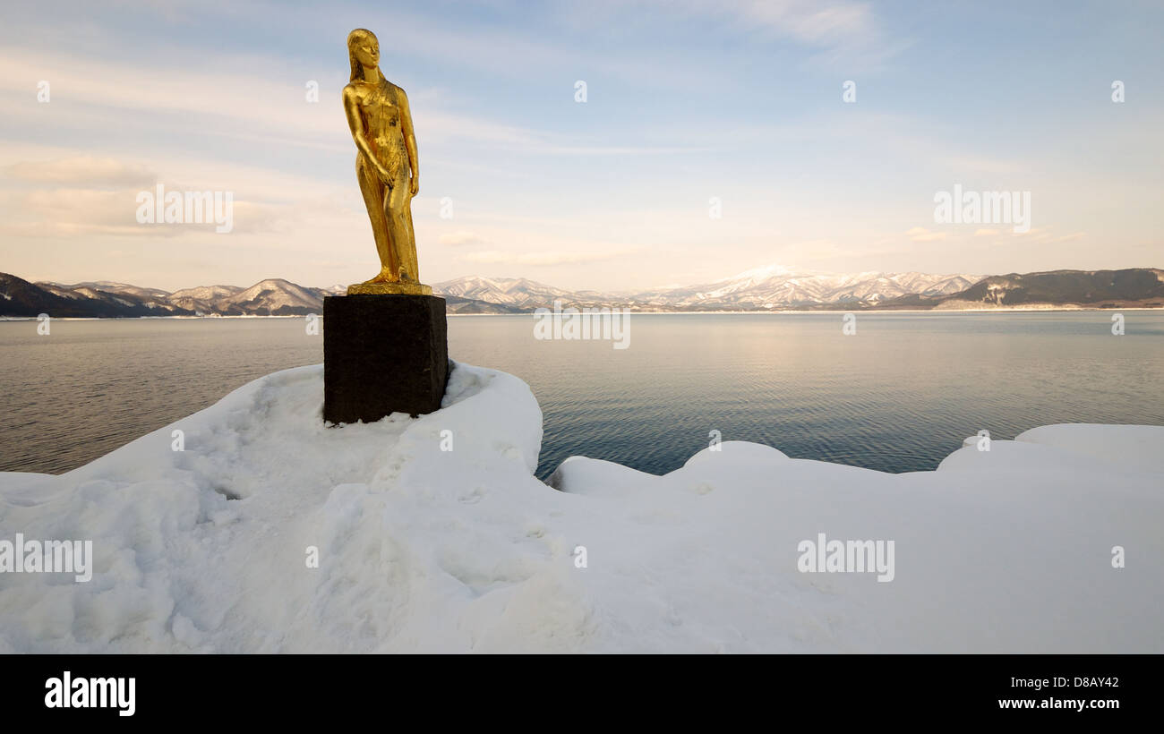 Different View Statue of Tatsuko watching over Lake Tazawa in Winter ...