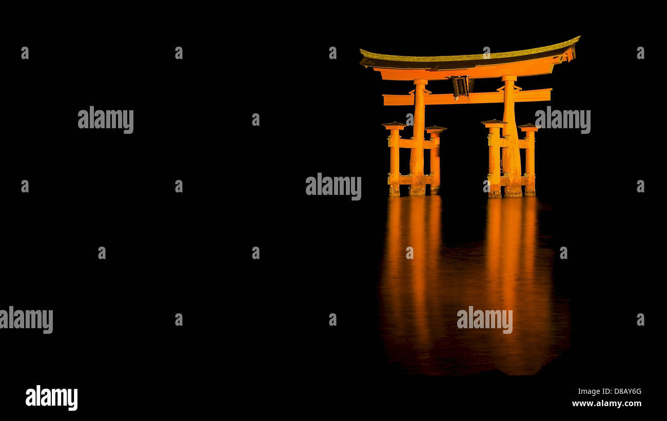 The Grand Torii Gate of Itsukushima Shrine Illuminated at Night Stock ...