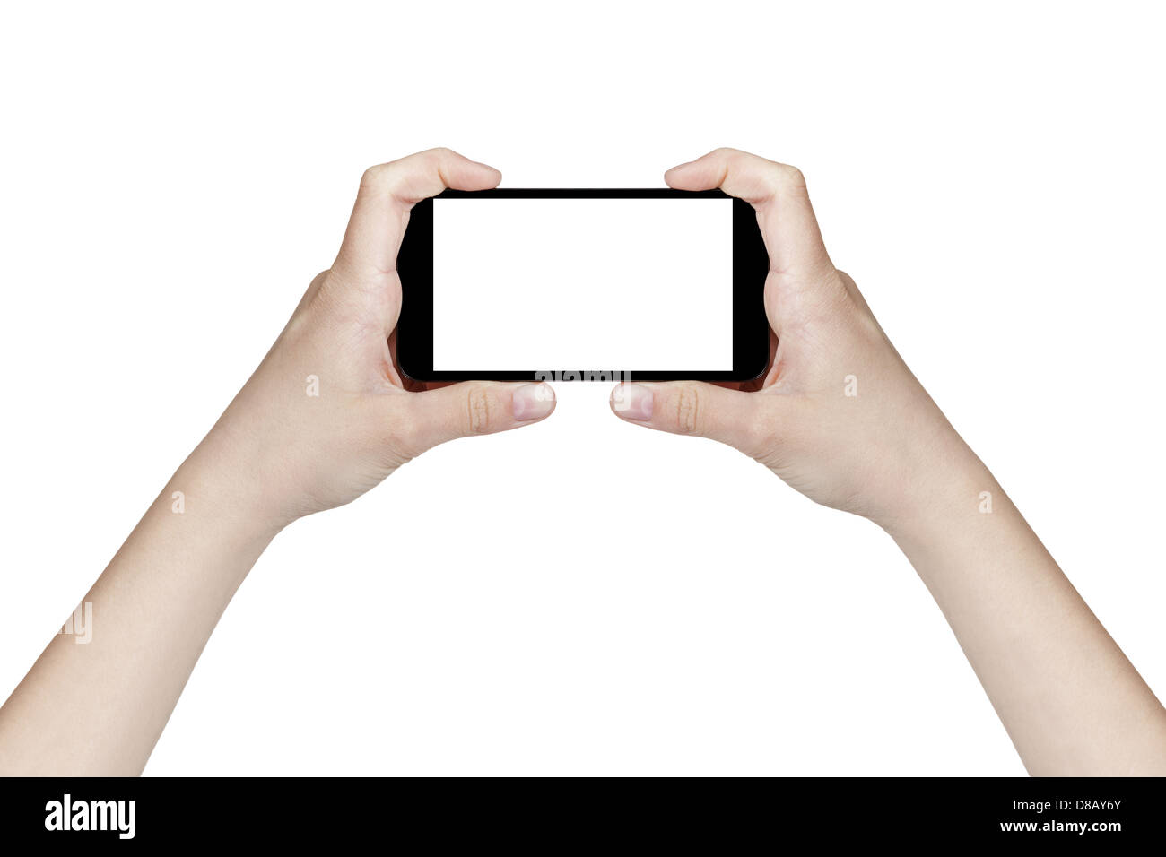 female teen hands holding generic smartphone, isolated on white Stock ...