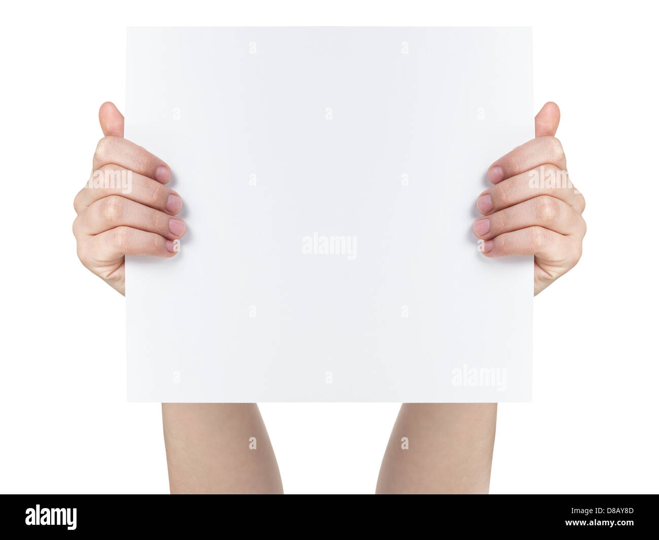 two female teen hands showing blank paper sheet, isolated on white ...
