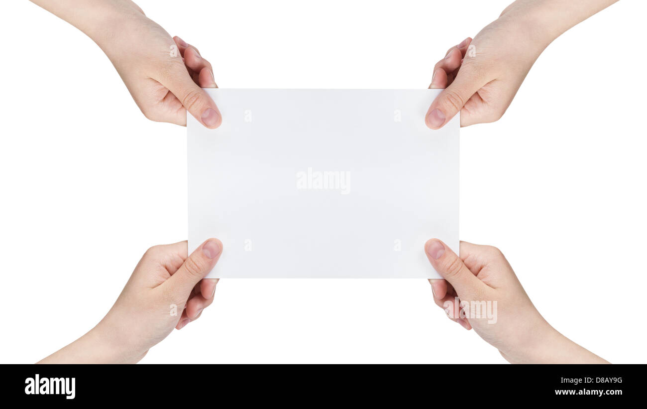 four female teen hands holding blank paper sheet, isolated on white ...