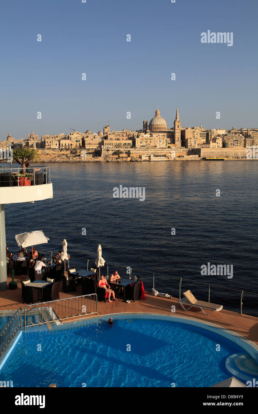Malta, Sliema, swimming pool, Valletta skyline Stock Photo - Alamy