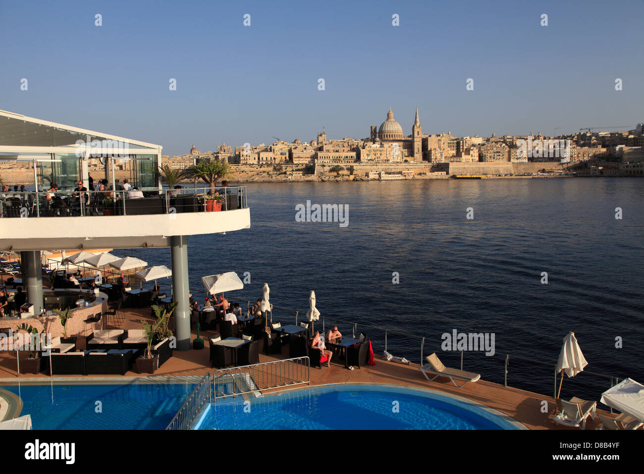 Malta, Sliema, swimming pool, Valletta skyline Stock Photo - Alamy