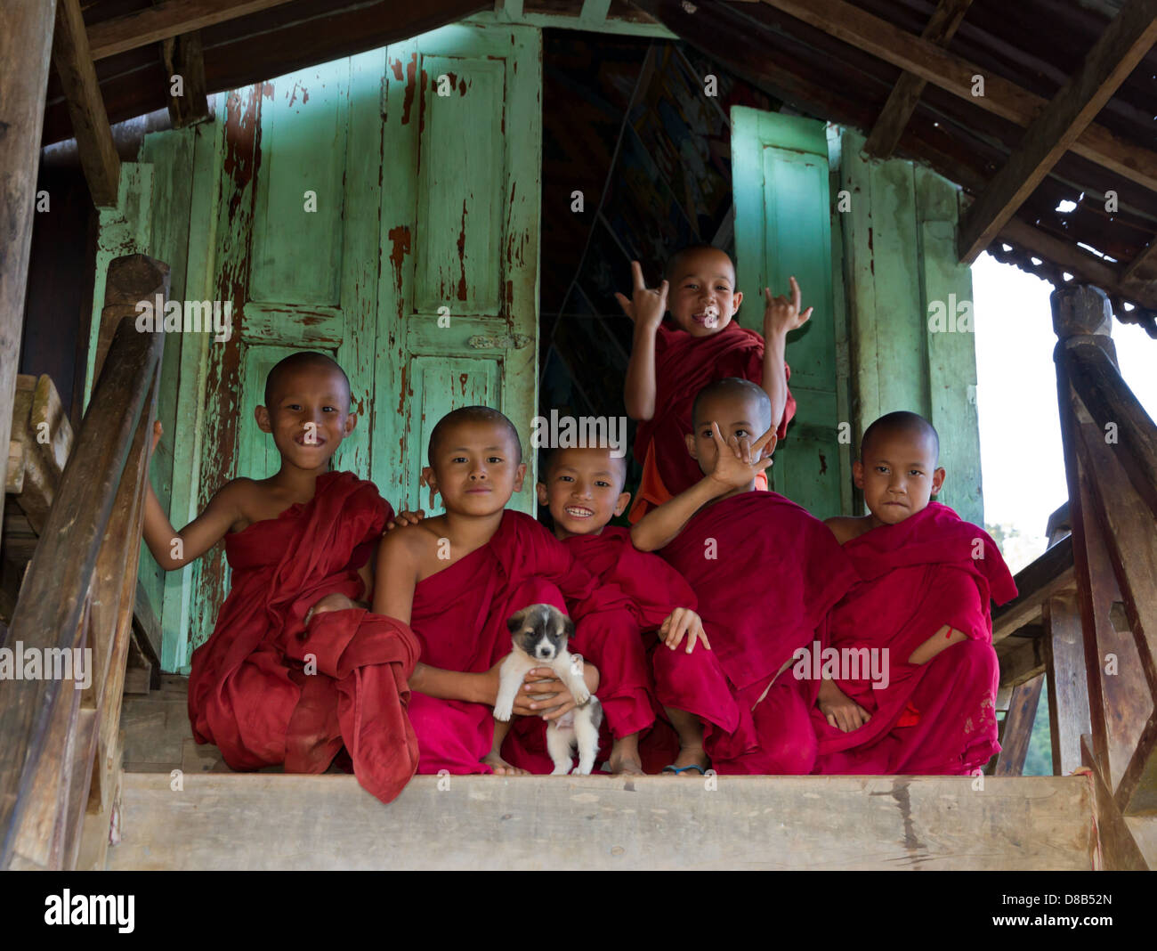 young buddhist monk boys poses wearing maroon cowls at old monastery ...