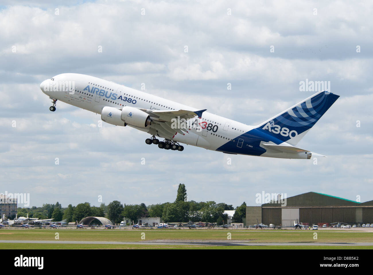 An Airbus A380 jet airliner takes off to perform a demonstration at the ...