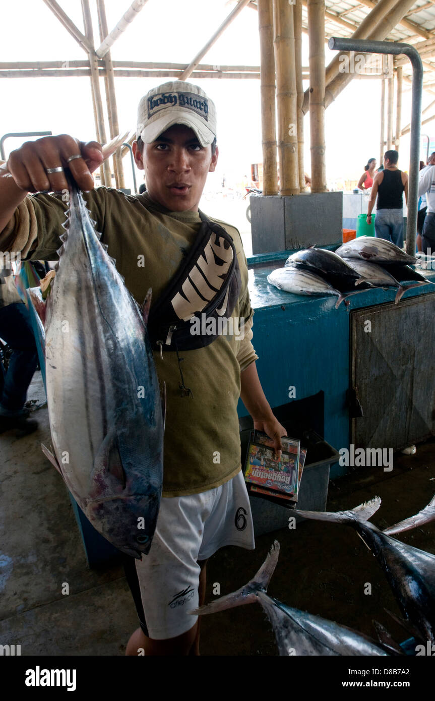 Trader of fresh seafood in Manta market holds a tuna on his hand Stock ...