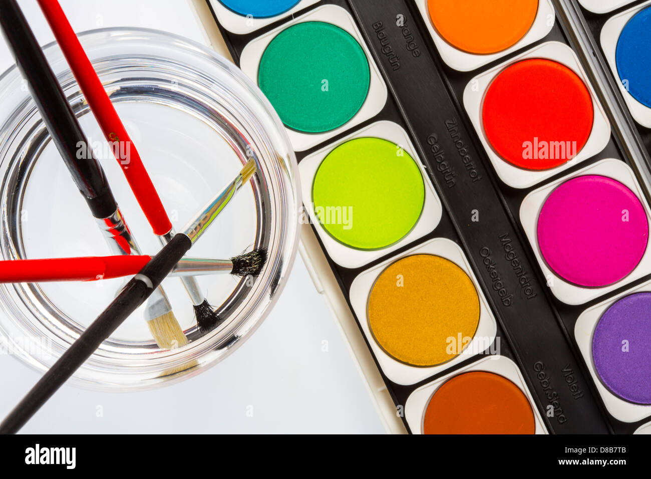 Water colors box, paintbrushes, different colors, for painting Stock ...