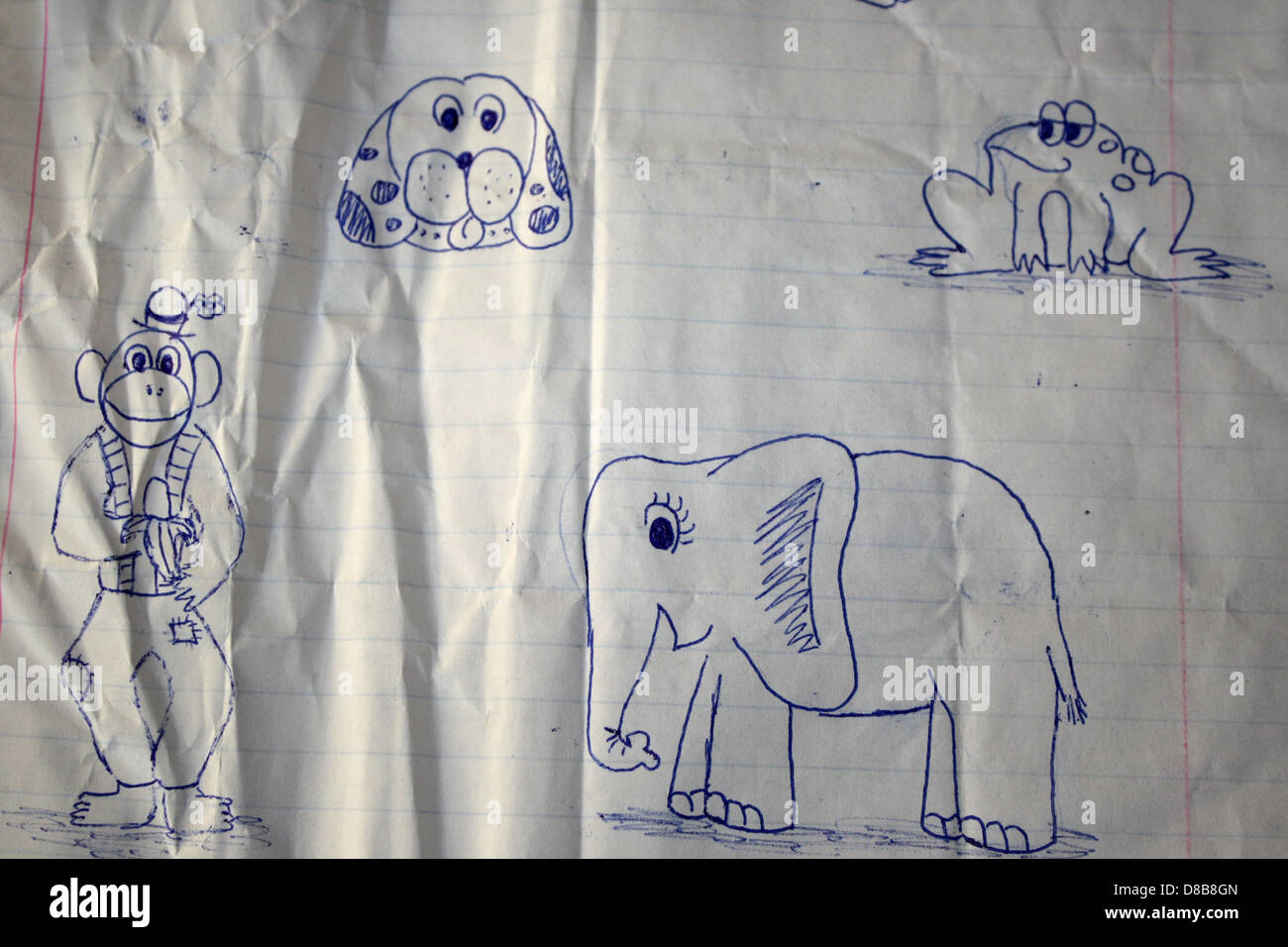animal doodles on crumpled notebook paper Stock Photo - Alamy