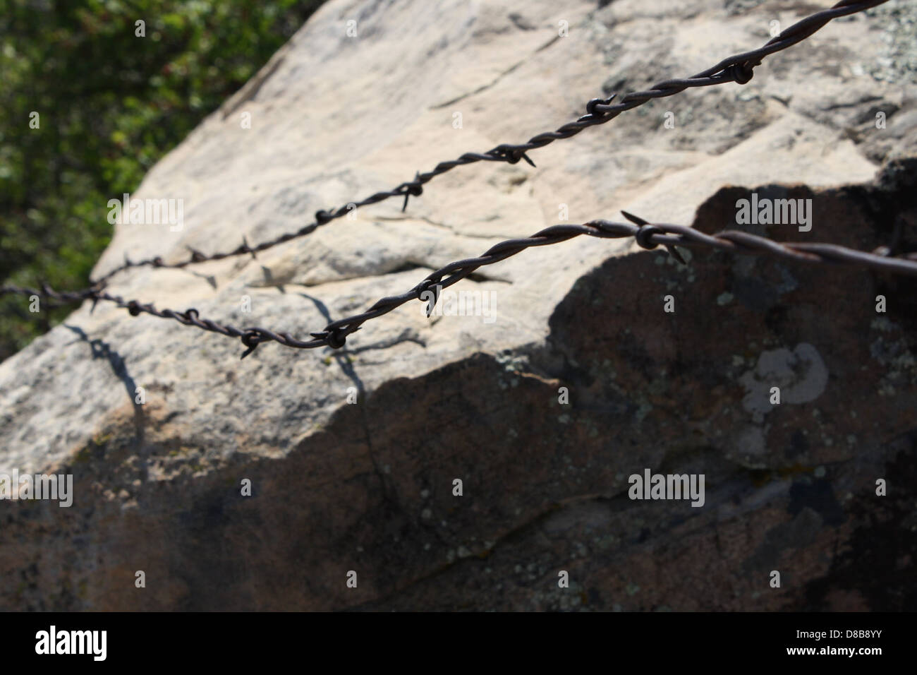 barbed wire across rock Stock Photo - Alamy