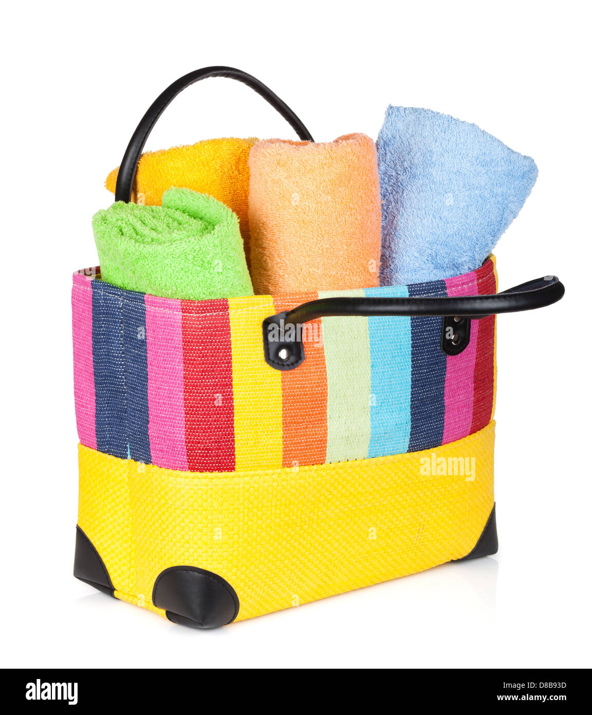 Colorful beach bag with towels. Isolated on white background Stock ...