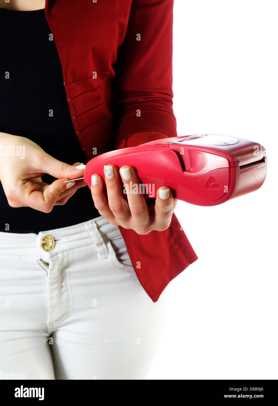 Woman working with a visa machine Stock Photo - Alamy