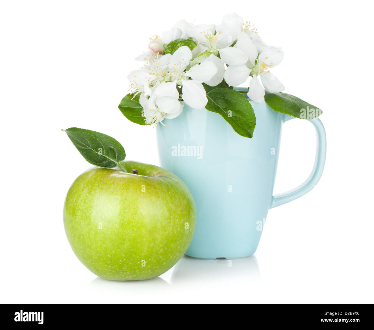 Ripe green apple and flowers in cup. Isolated on white background Stock ...