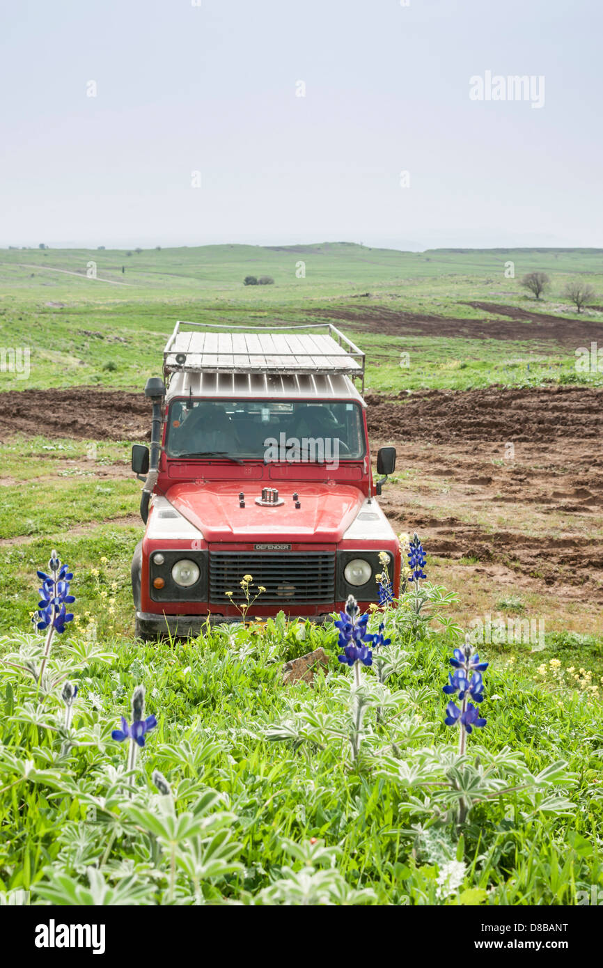 Golan Heights, Israel. A red Land-Rover jeep parked between green ...