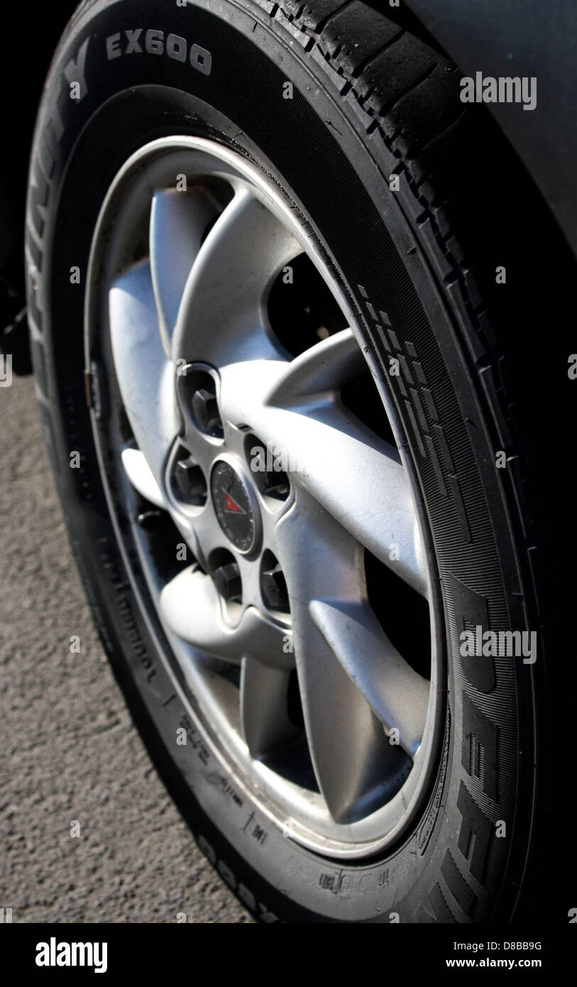 A close-up image of a car wheel and tire, highlighting the tread ...