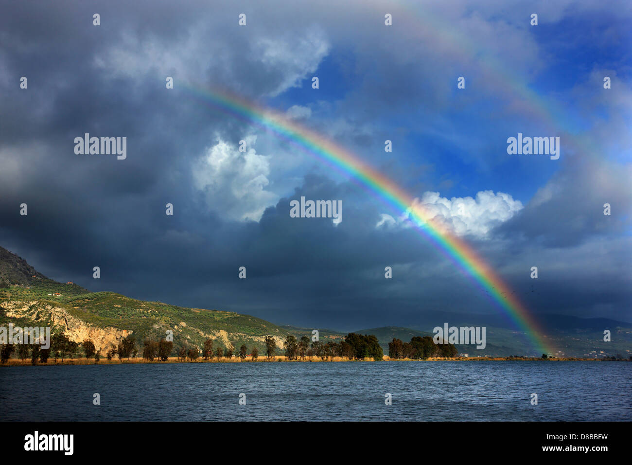 "Double" rainbow over Kaiafas lake, famous for its thermal baths, Ilia ...