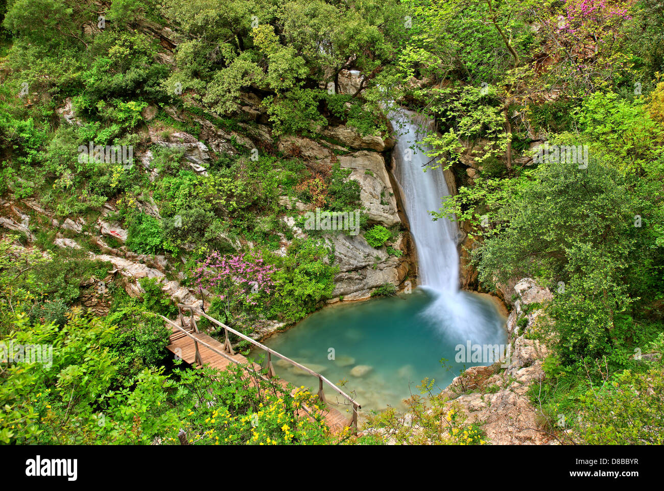One of the waterfalls in Neda canyon, Ileia-Messinia, Peloponnisos (Peloponnese), Greece Stock ...
