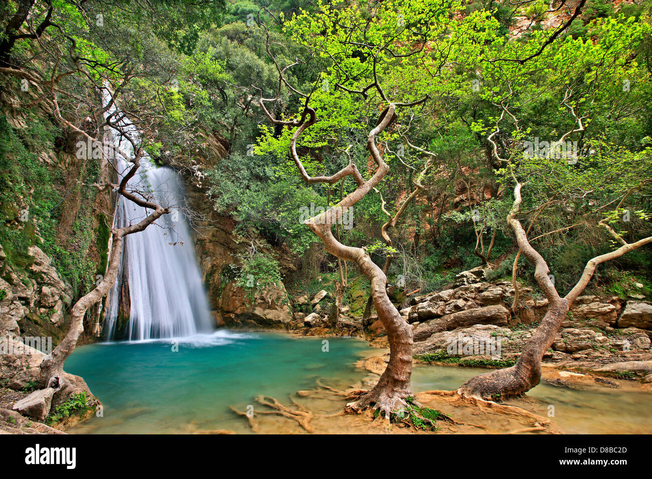One of the waterfalls in Neda canyon, Ileia-Messinia, Peloponnisos (Peloponnese), Greece Stock ...