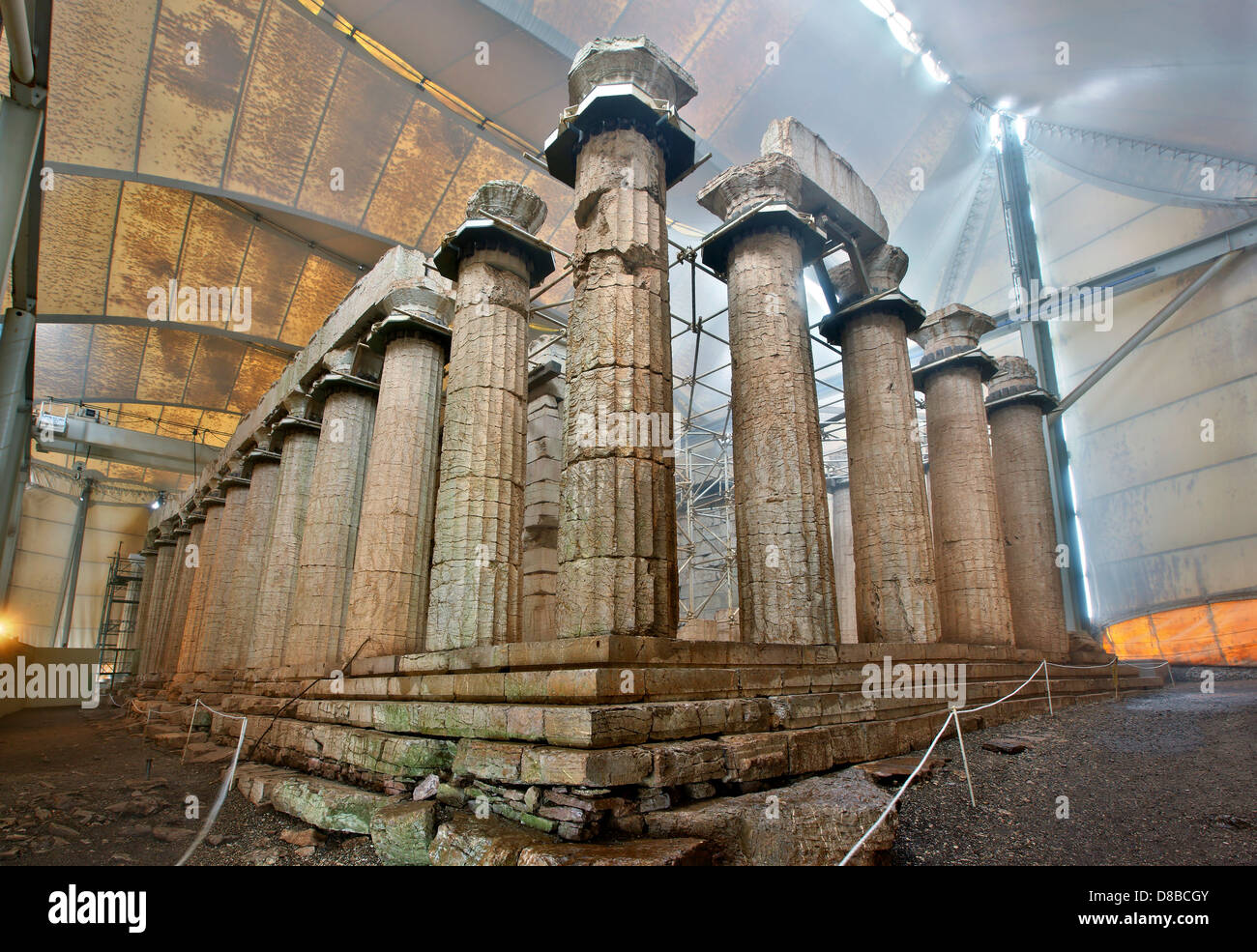 The temple of Apollo Epicurius covered by a protective tent (and fog ...