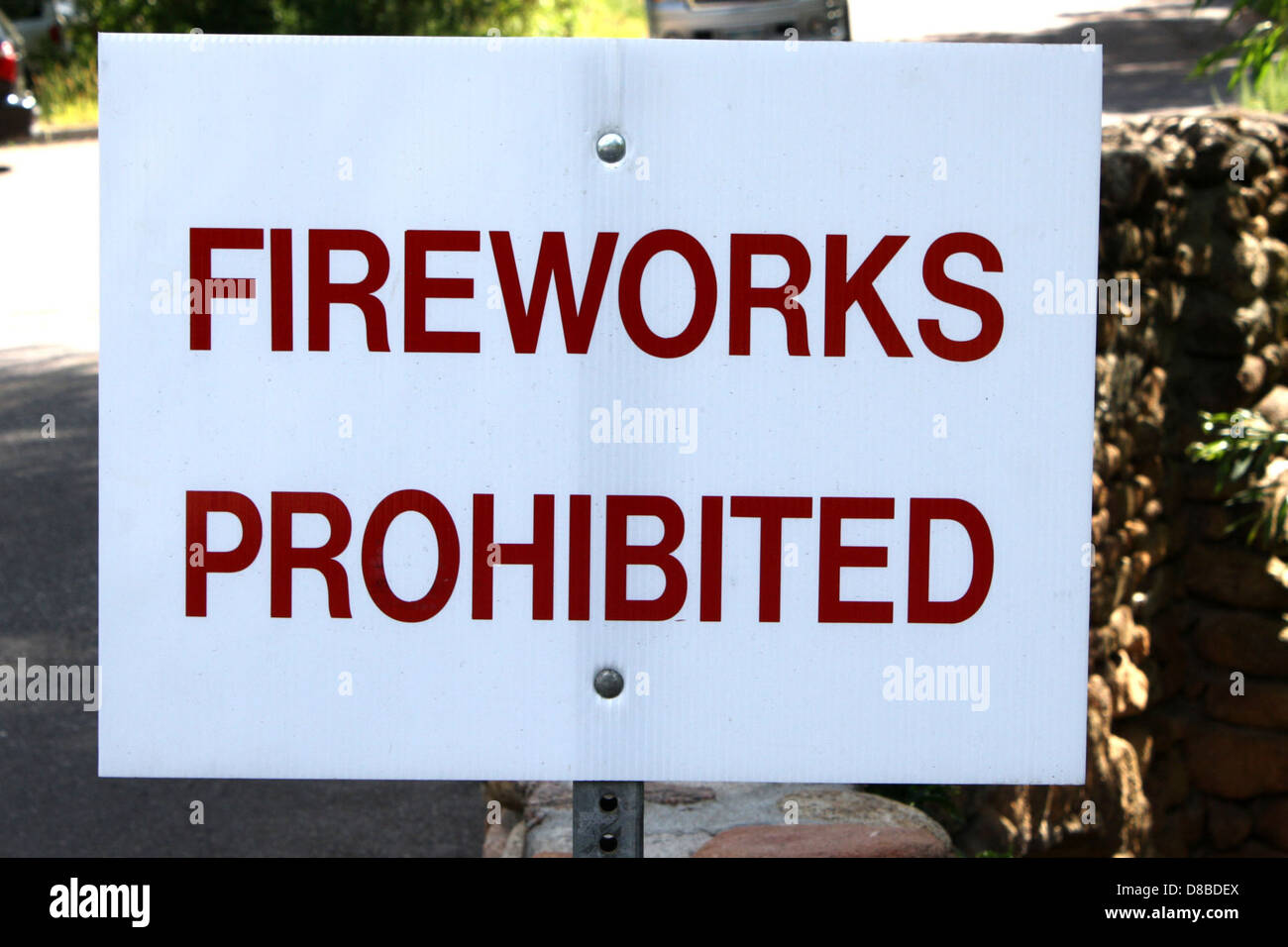 A sign indicating that fireworks are prohibited in a specific area ...