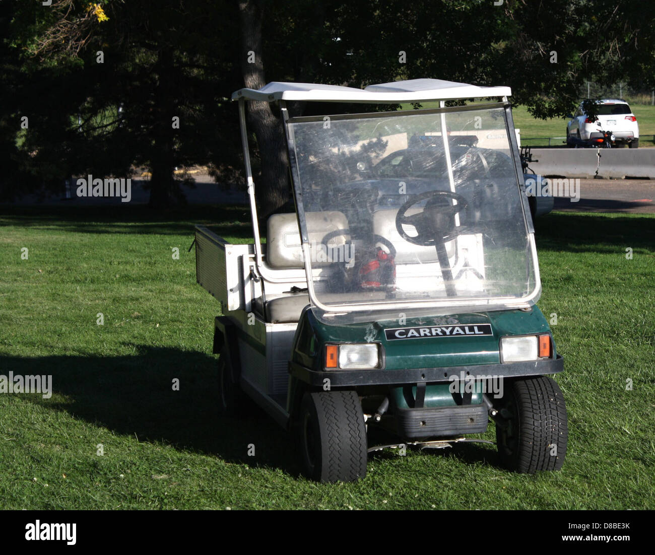 A golf cart parked on a green course, designed for transporting golfers ...