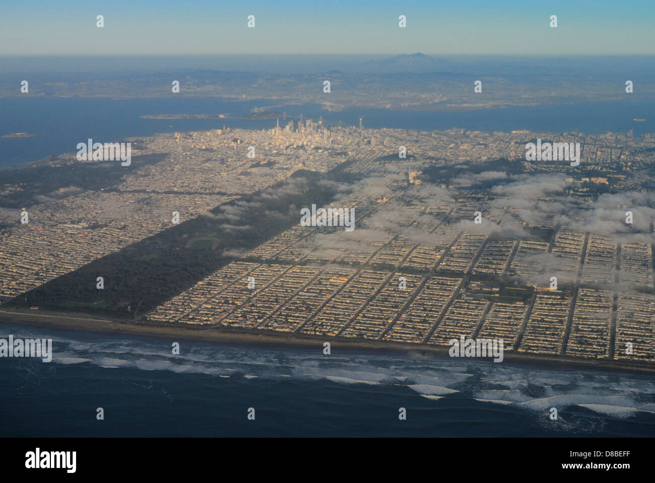 Wide aerial panorama of the Pacific ocean front at San Francisco, CA ...