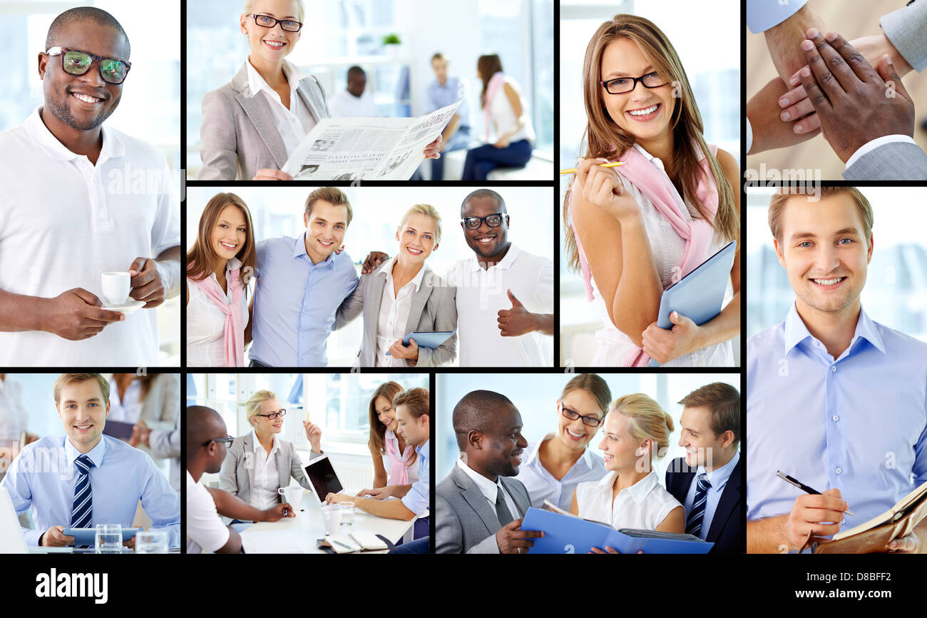 Collage of friendly businesspeople at work Stock Photo - Alamy