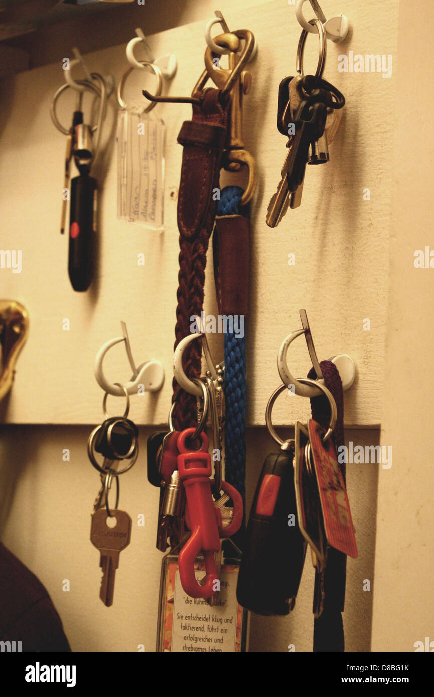 A close-up shot of keys hanging neatly on hooks inside a closet. The ...