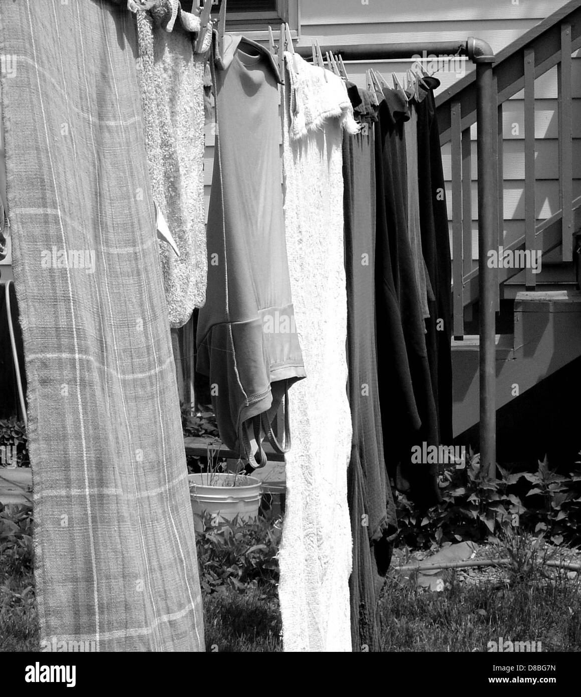 laundry on clothesline black and white Stock Photo - Alamy
