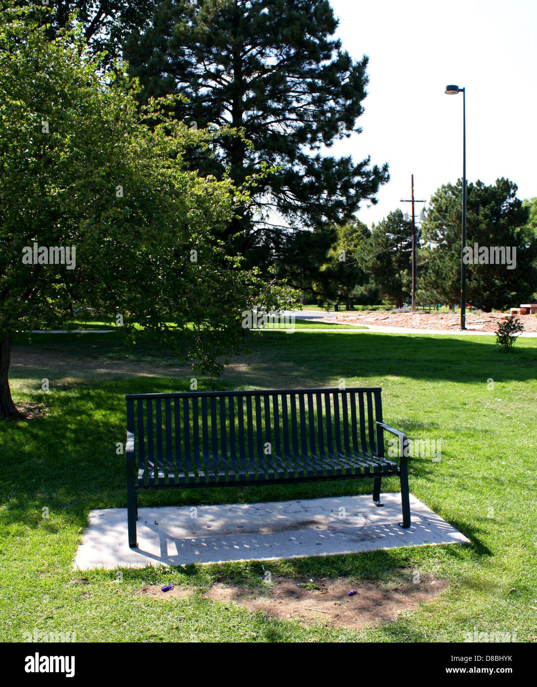 A park bench is situated under the shade of a large tree, offering a ...