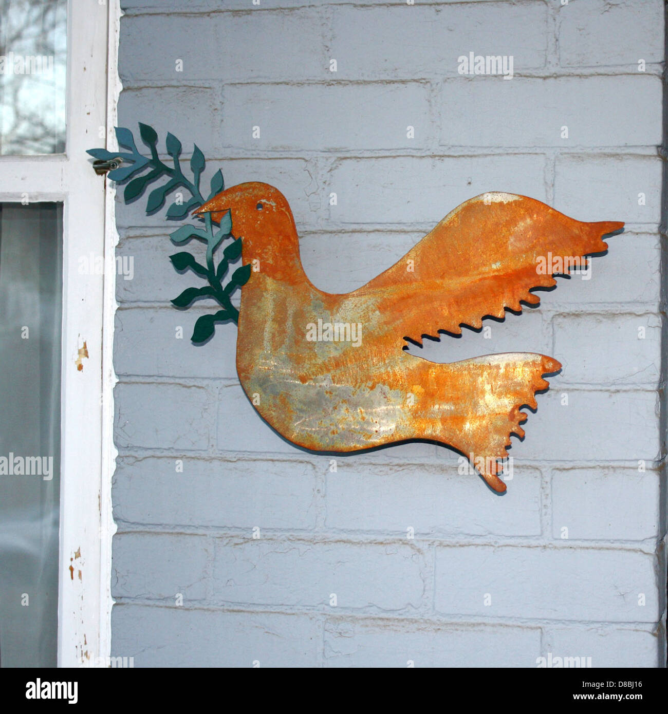 An outdoor ornament of a peace dove stands on display, symbolizing ...