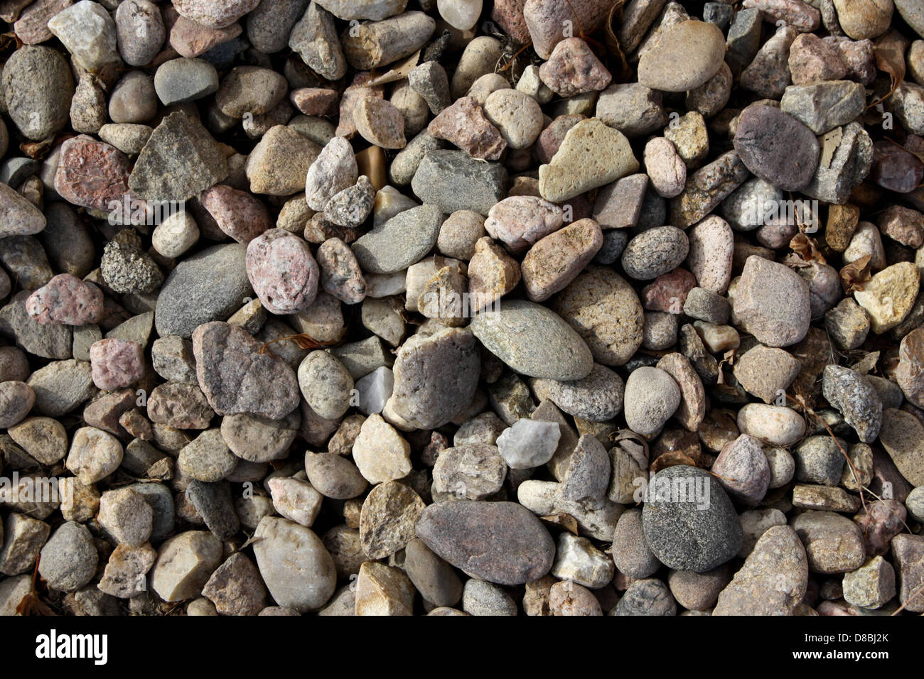 A close-up view of a pebble rock gravel texture, showing the small ...