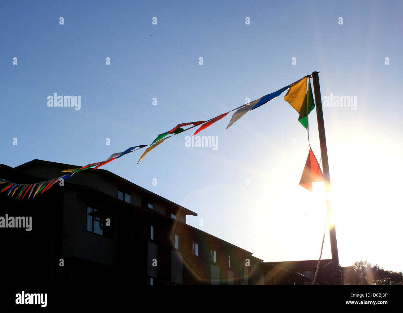 A set of colorful pennant flags fluttering in the wind under the bright ...