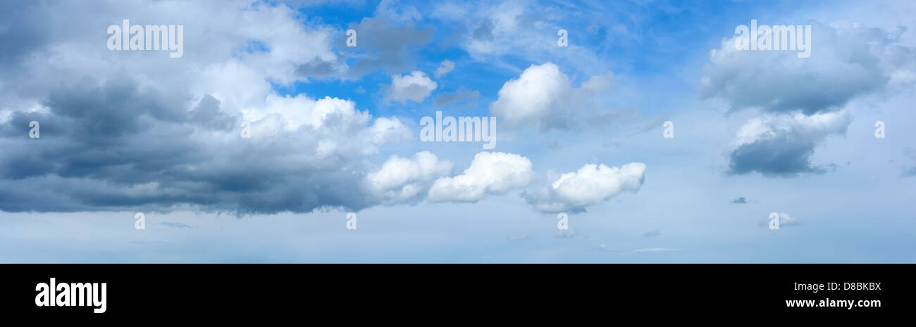 Panoramic sky with clouds. Wide panorama of sky before spring rain ...