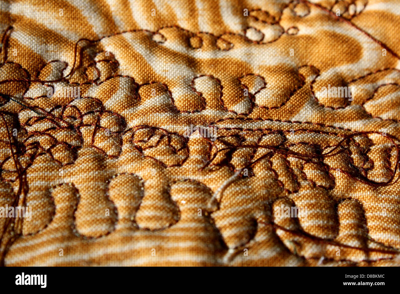 A close-up of fabric with practice quilting stitches in various ...