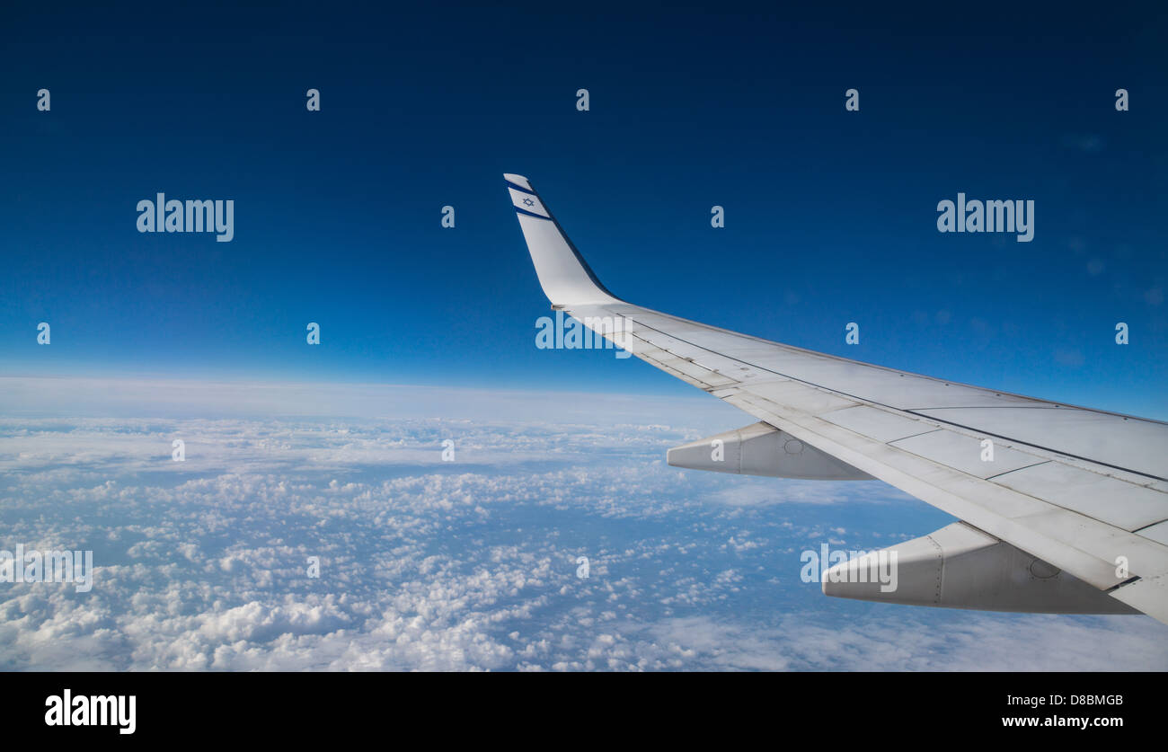 The wing of a passenger airplane belonging to the El-Al company Stock ...