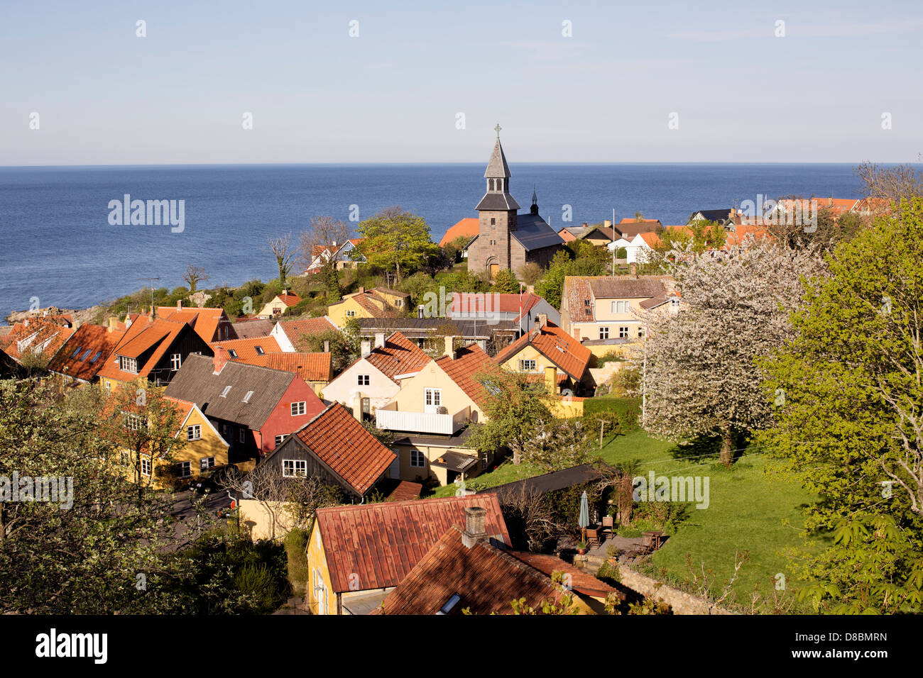 Gudhjem with church at the Baltic Sea on Bornholm in Denmark Stock ...