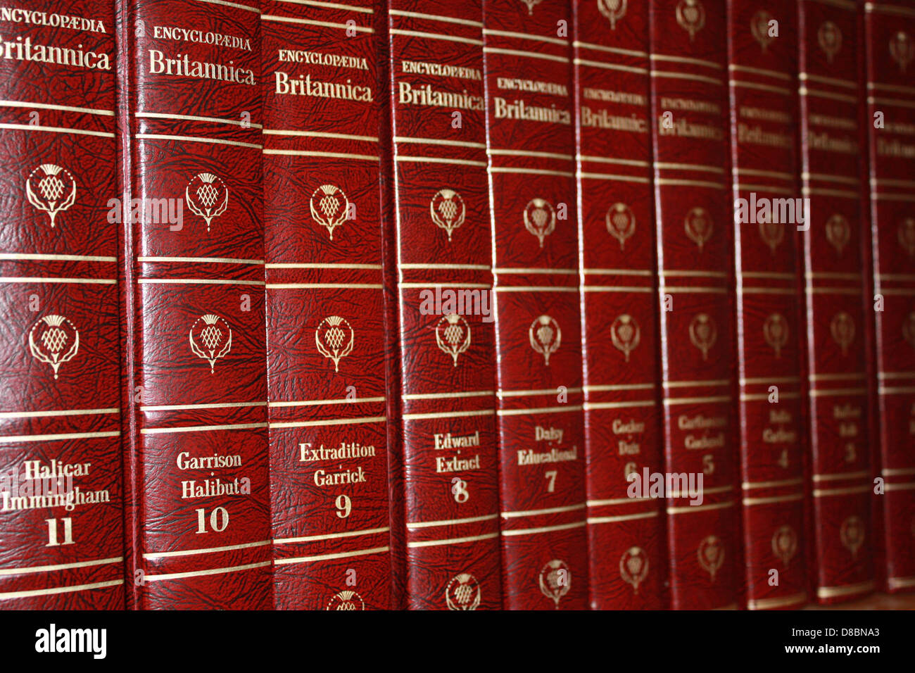 A set of encyclopedias neatly arranged on a shelf. These books contain ...