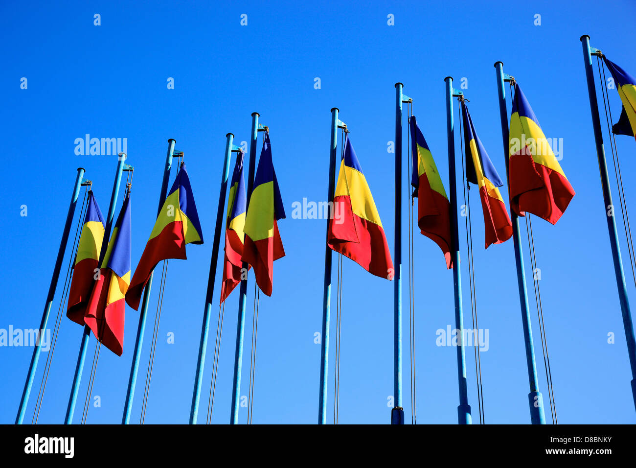 National flags of Romania, photographed in Cluj, Transylvania, Romania ...