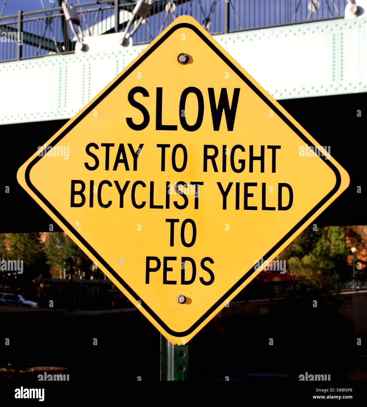A road sign indicating that slow-moving bicyclists must yield to ...