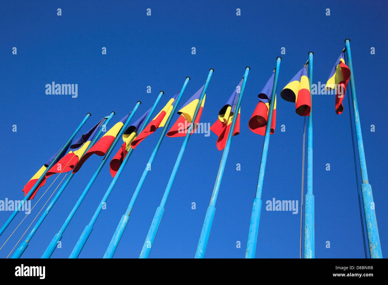 National flags of Romania, photographed in Cluj, Transylvania, Romania ...